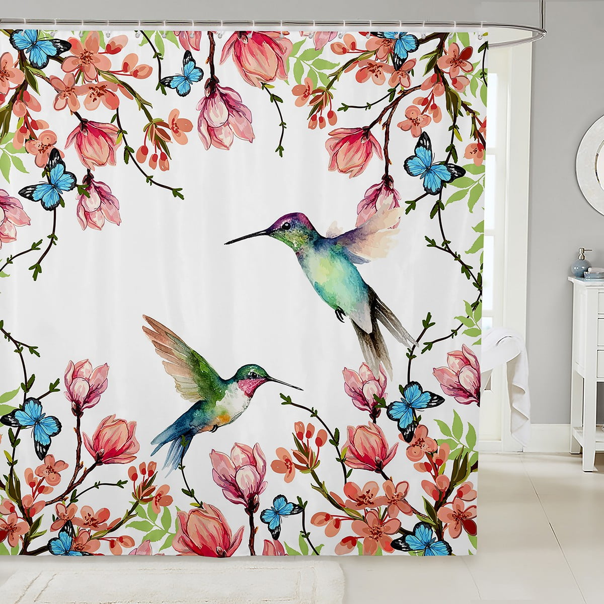 Yst Hummingbird Bathroom Accessories Floral Butterfly Shower Curtain