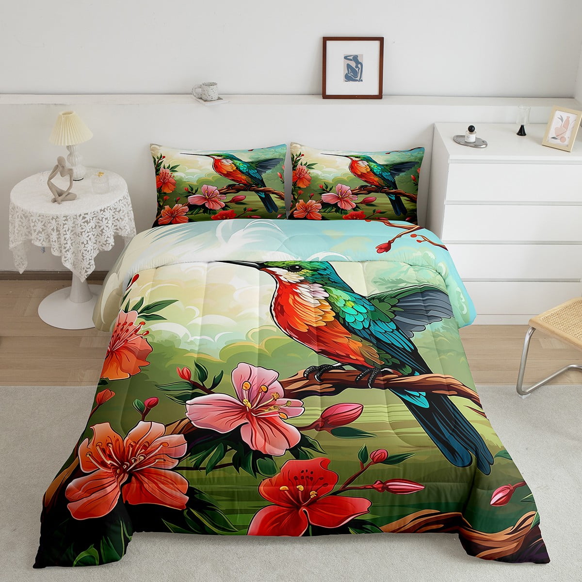 Erosebridal Hummingbird Bedding Set, Pink Peach Blossom Comforter Set ...