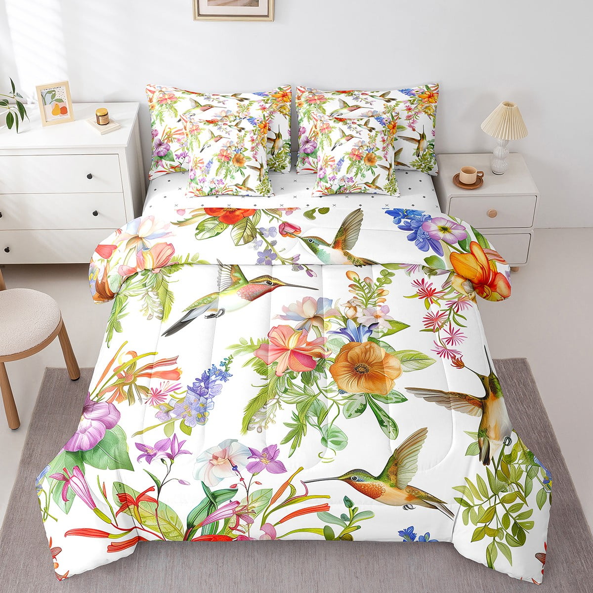 Hummingbird Bedding Sets Birds Floral Quilt with Flat Fitted Sheet 7 ...