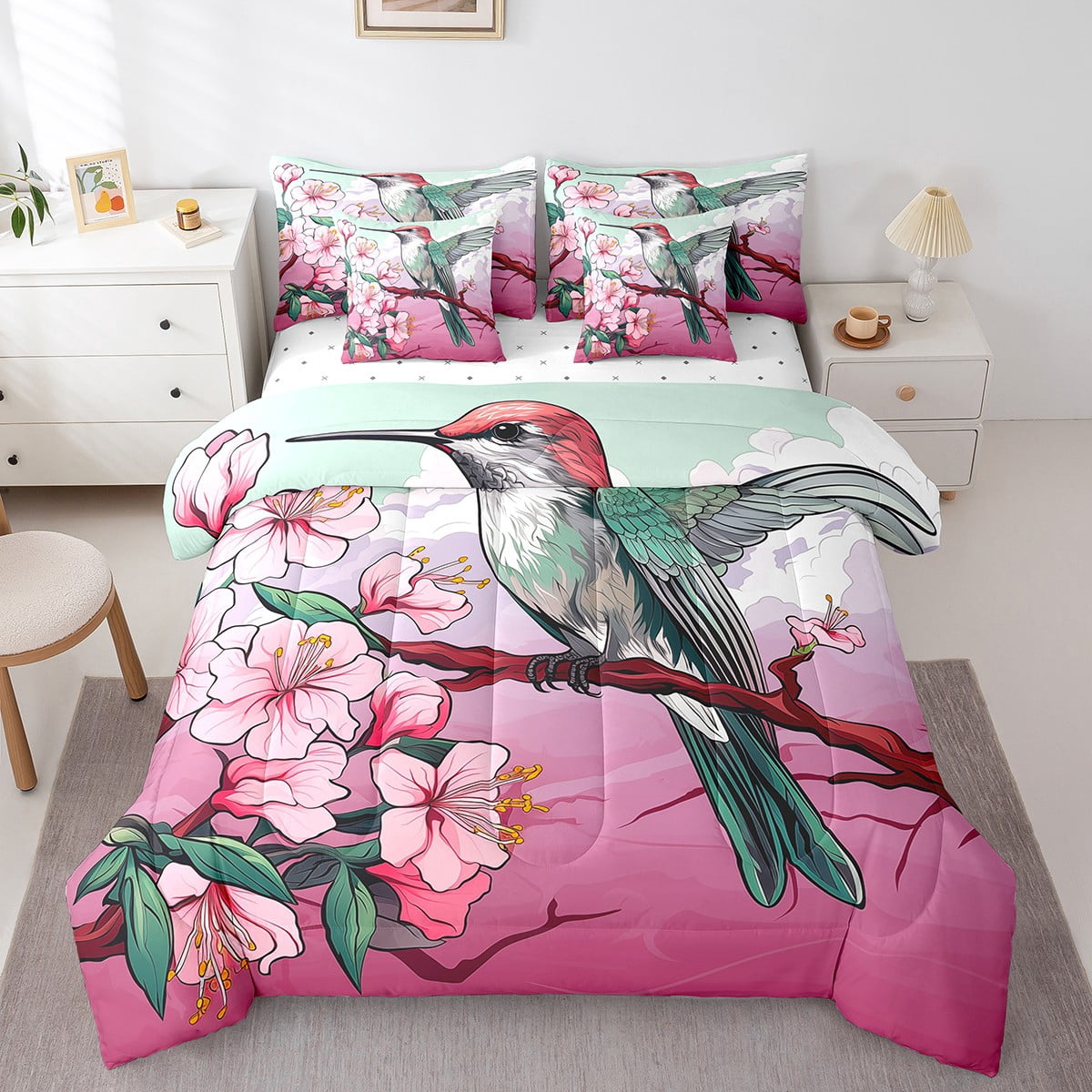YST Hummingbird Comforter Queen Size 7 Pieces, Pink Peach Blossom ...