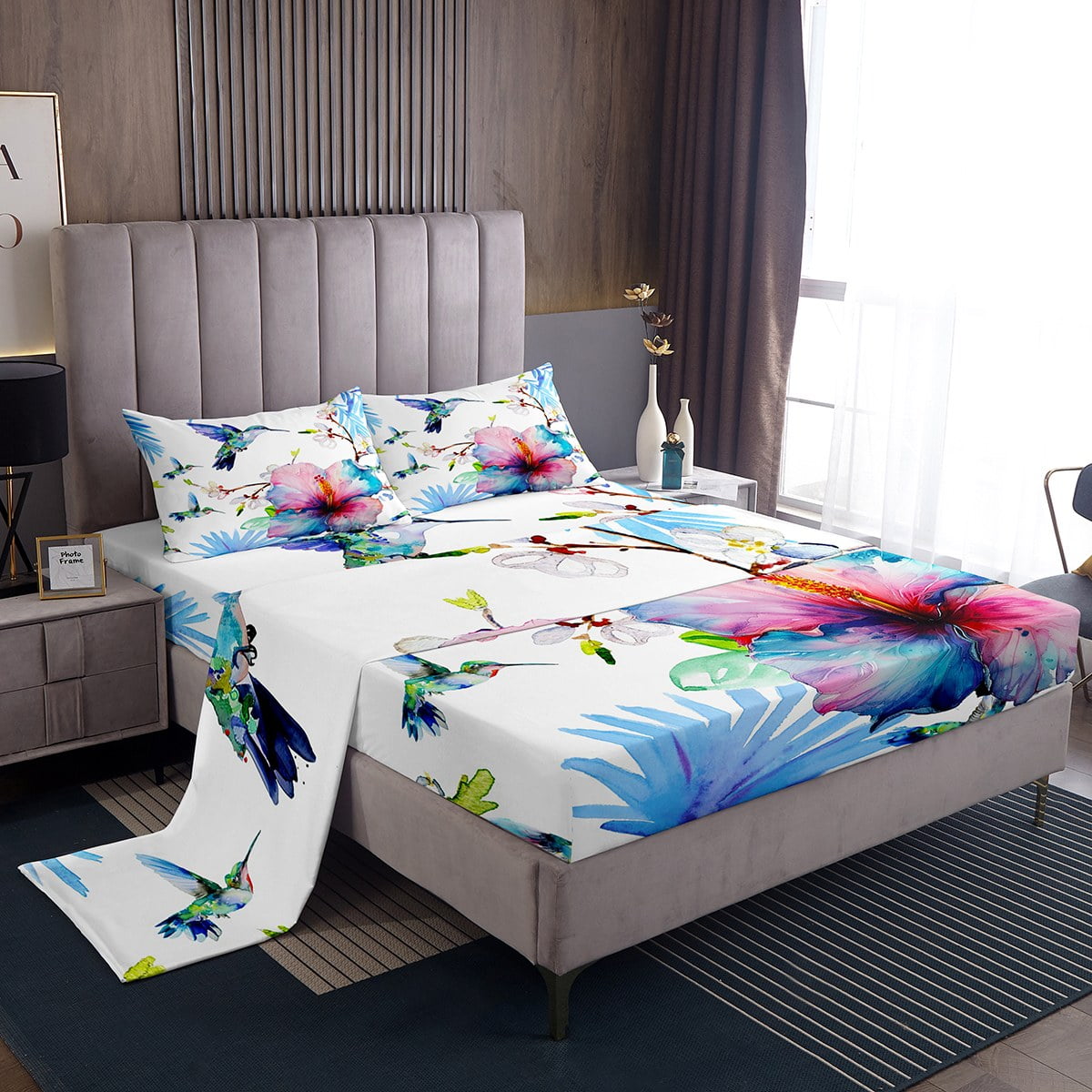 Hummingbird Full Bed Sheets Set Women,Watercolor Floral Sheet Set Teens ...