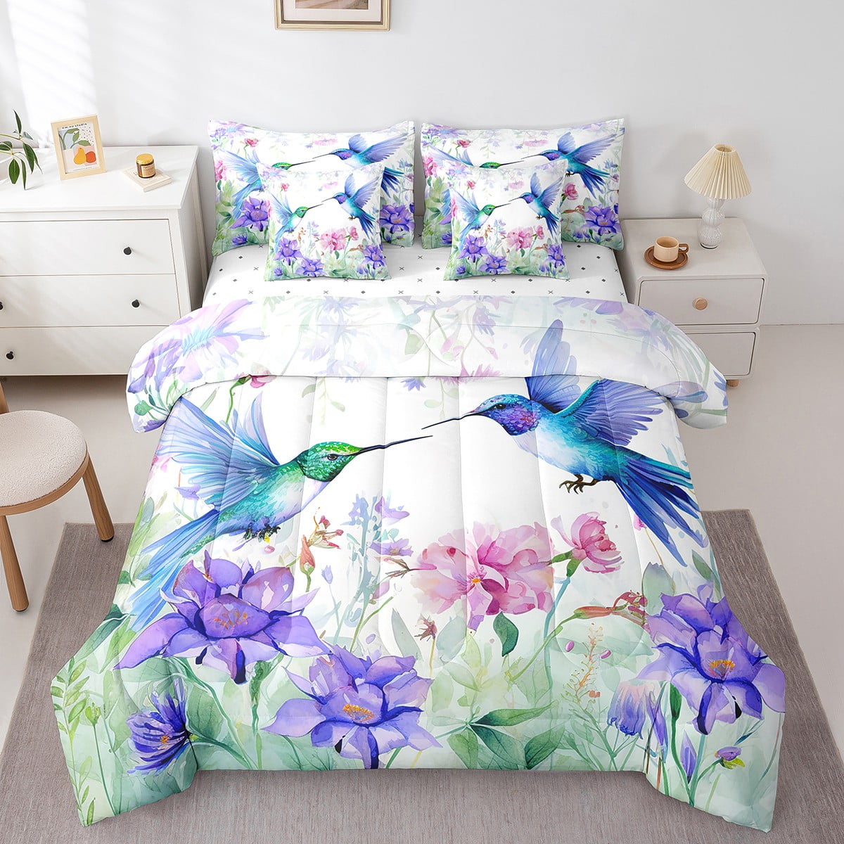 Erosebridal Hummingbird Bedding Set Full 7 Pcs Watercolor Flower Birds ...