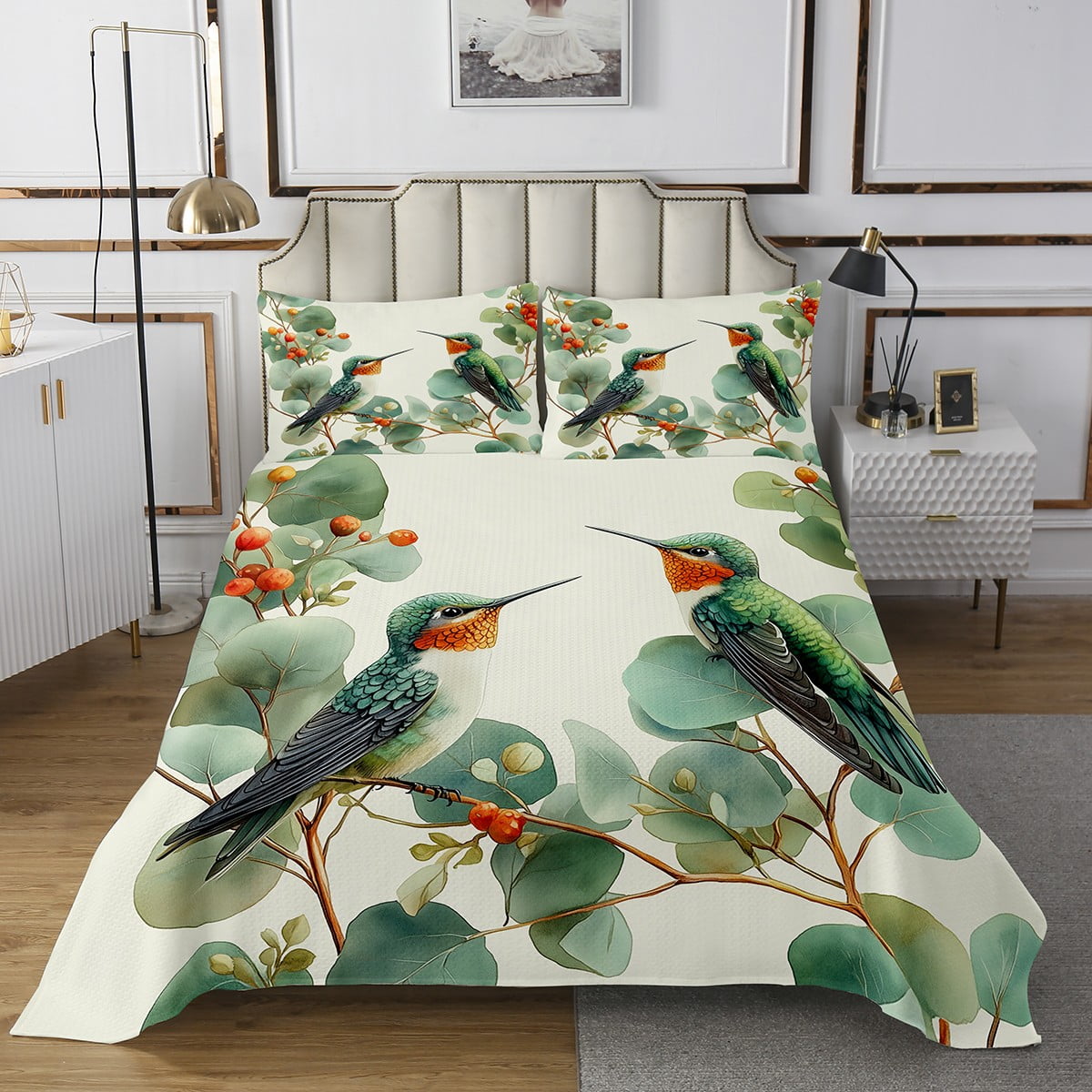 YST Hummingbird King Quilt Set,Botanical Plant Green Leaf Bedding Set ...