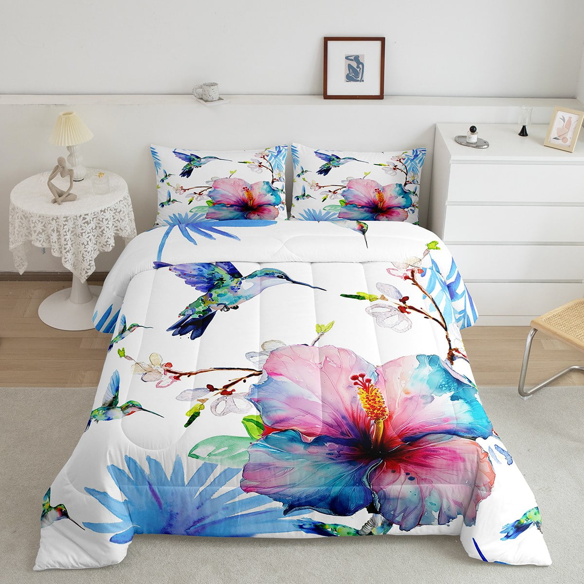 YST Hummingbird Queen Comforter Set for Girls Women,Watercolor Floral ...