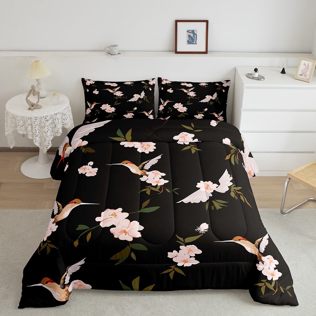 Hummingbird Queen Comforter Set,Pink Floral Hummingbird Bedding Set ...