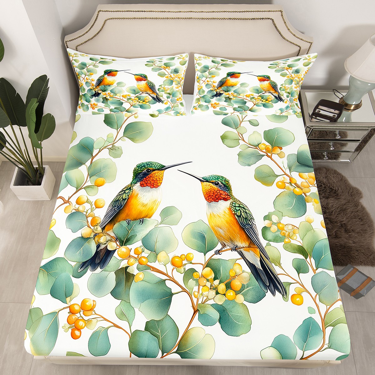 YST Hummingbird Queen Fitted Sheet,Green Plant Leaf Bedding Set for ...