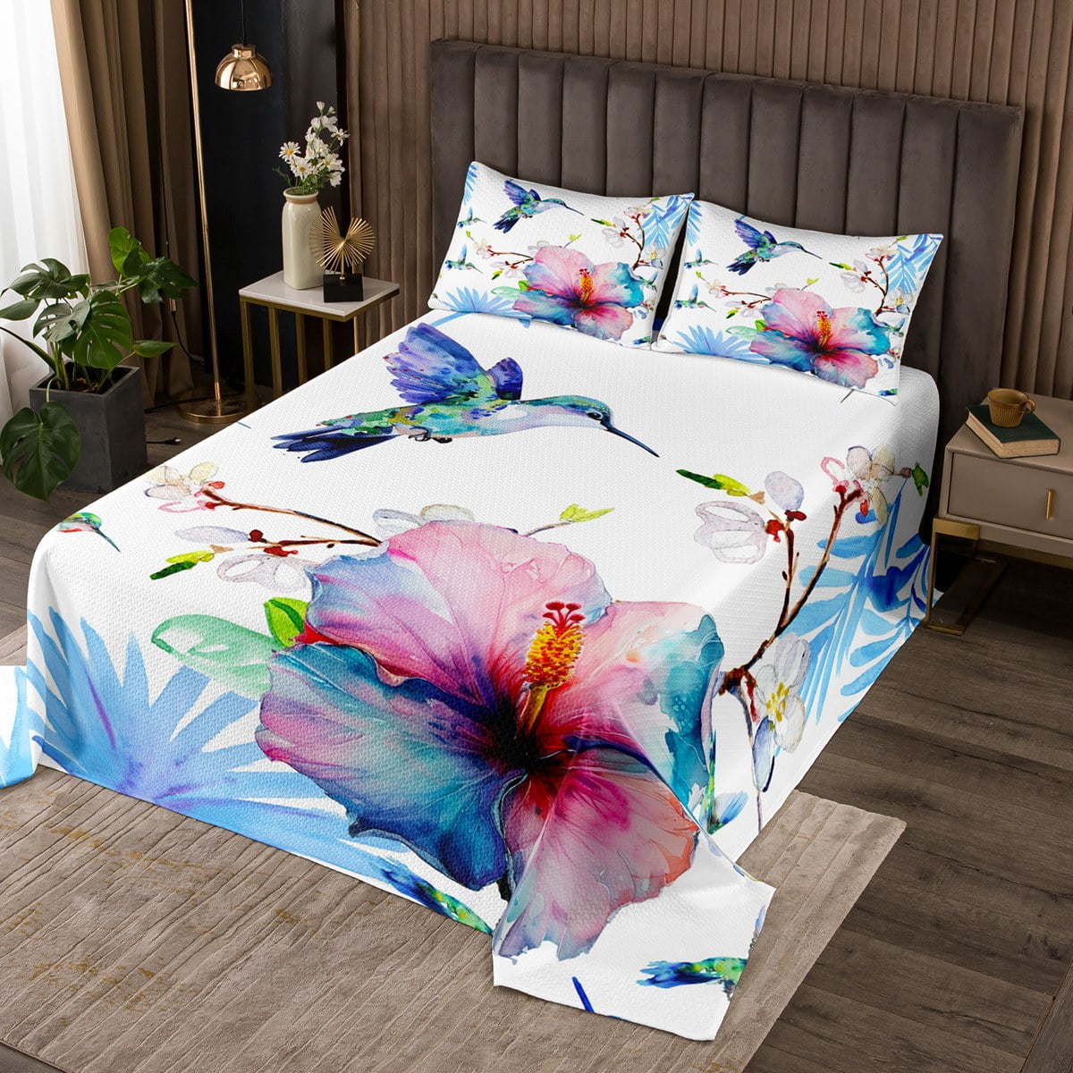 Hummingbird Queen Quilt Set Women,Watercolor Floral Bedding Set Teens ...