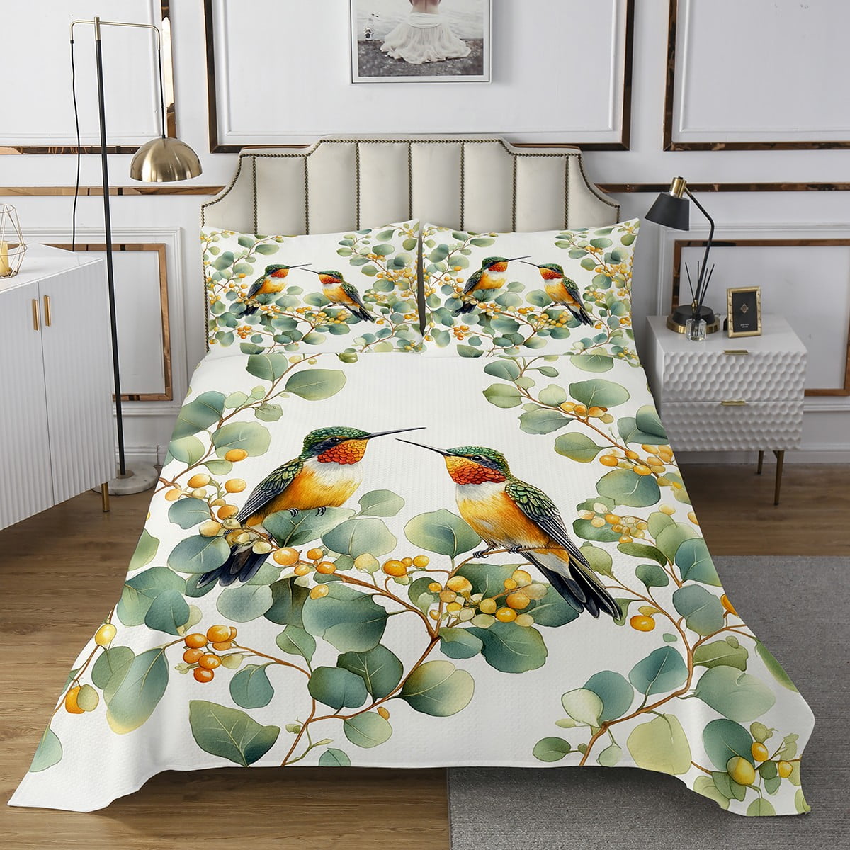 YST Hummingbird Queen Quilt Set,Green Plant Leaf Bedding Set for Kids ...