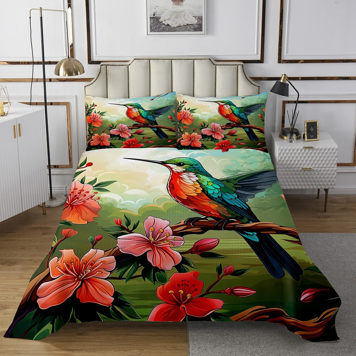 YST Hummingbird Quilt Set For Boys, Pink Peach Blossom Coverlet Set ...