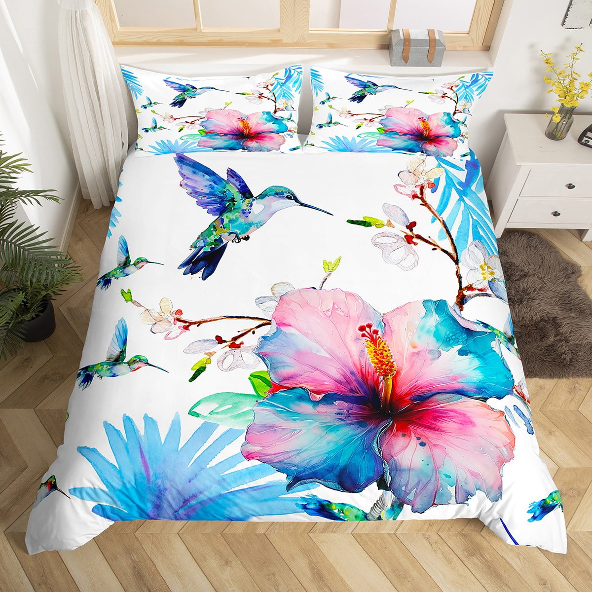 YST Hummingbird Twin Duvet Cover for Girls Women,Watercolor Floral ...