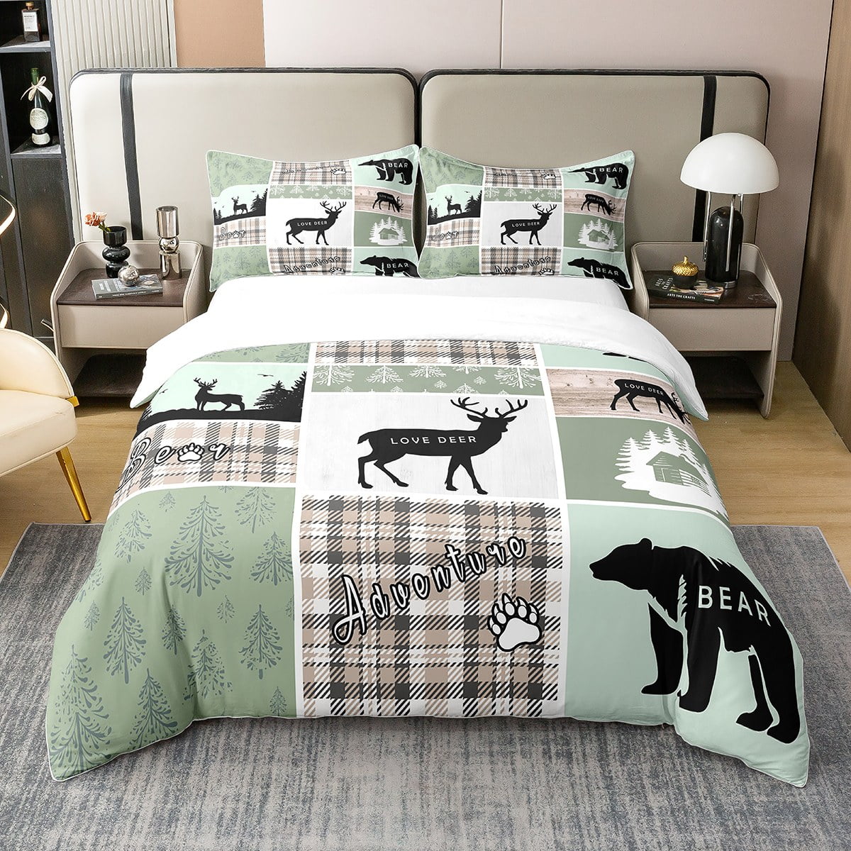 YST Hunting Animal 100% Cotton Duvet Cover King,Jungle Elk Bear Deer Bedding Set for Kids,Brown ...