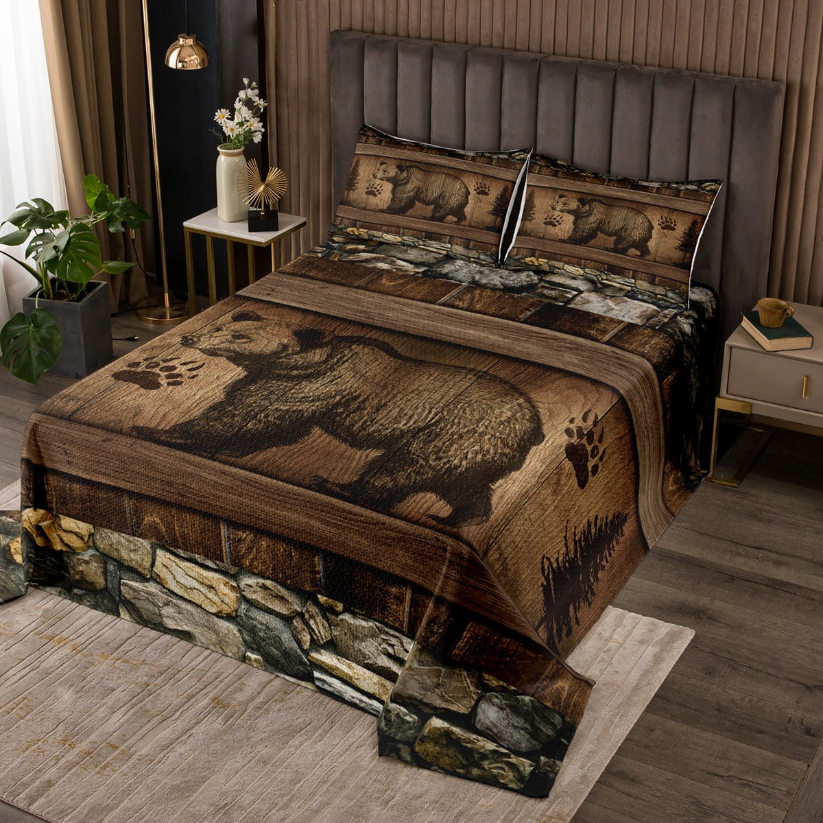 Erosebridal Hunting Bear Bedspread King Size Jungle Wild Animal Coverlet Set Brown Vintage ...