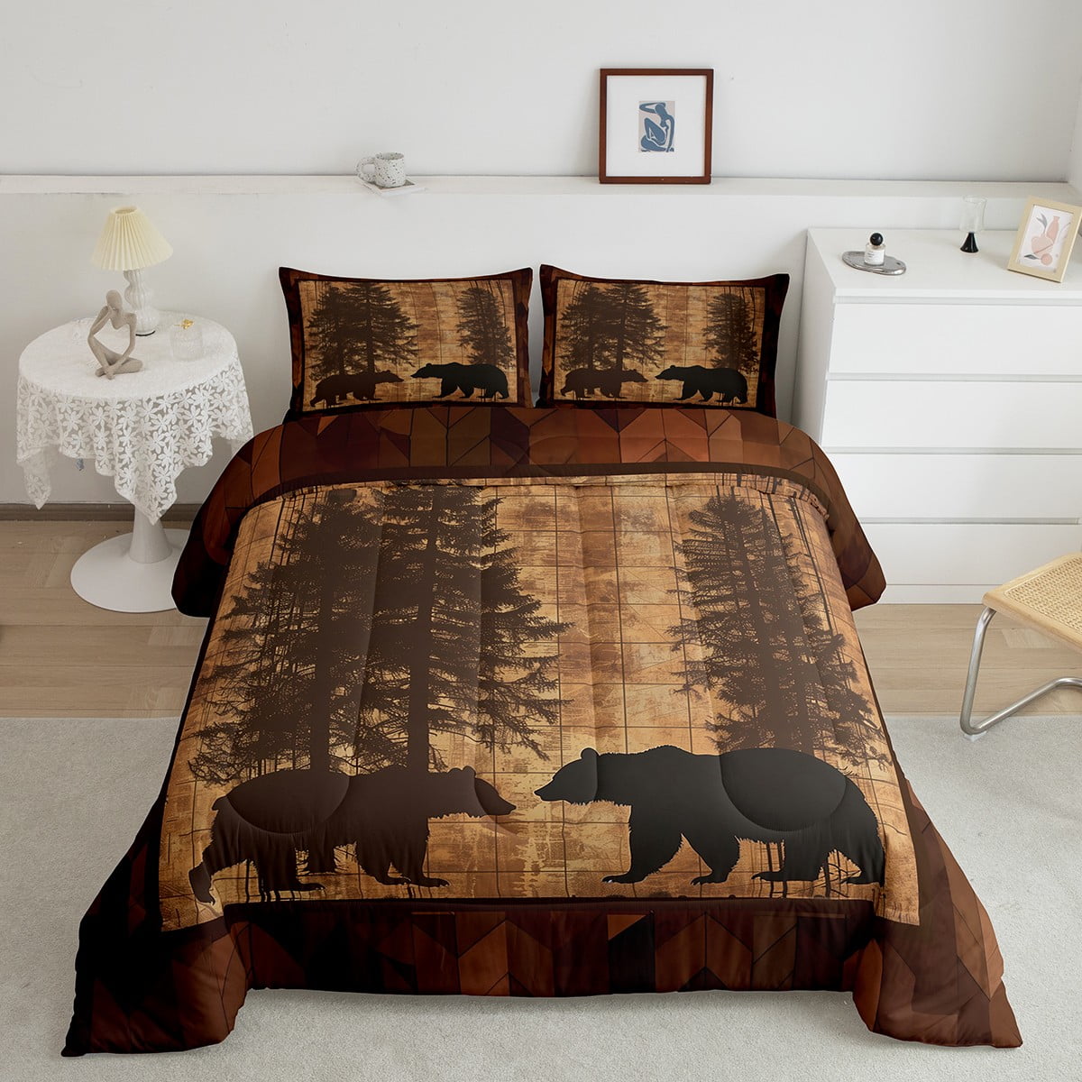 YST Hunting Bear Comforter Set Queen Size, Rustic Farmhouse Bedding Set Cabin Forest Animals ...