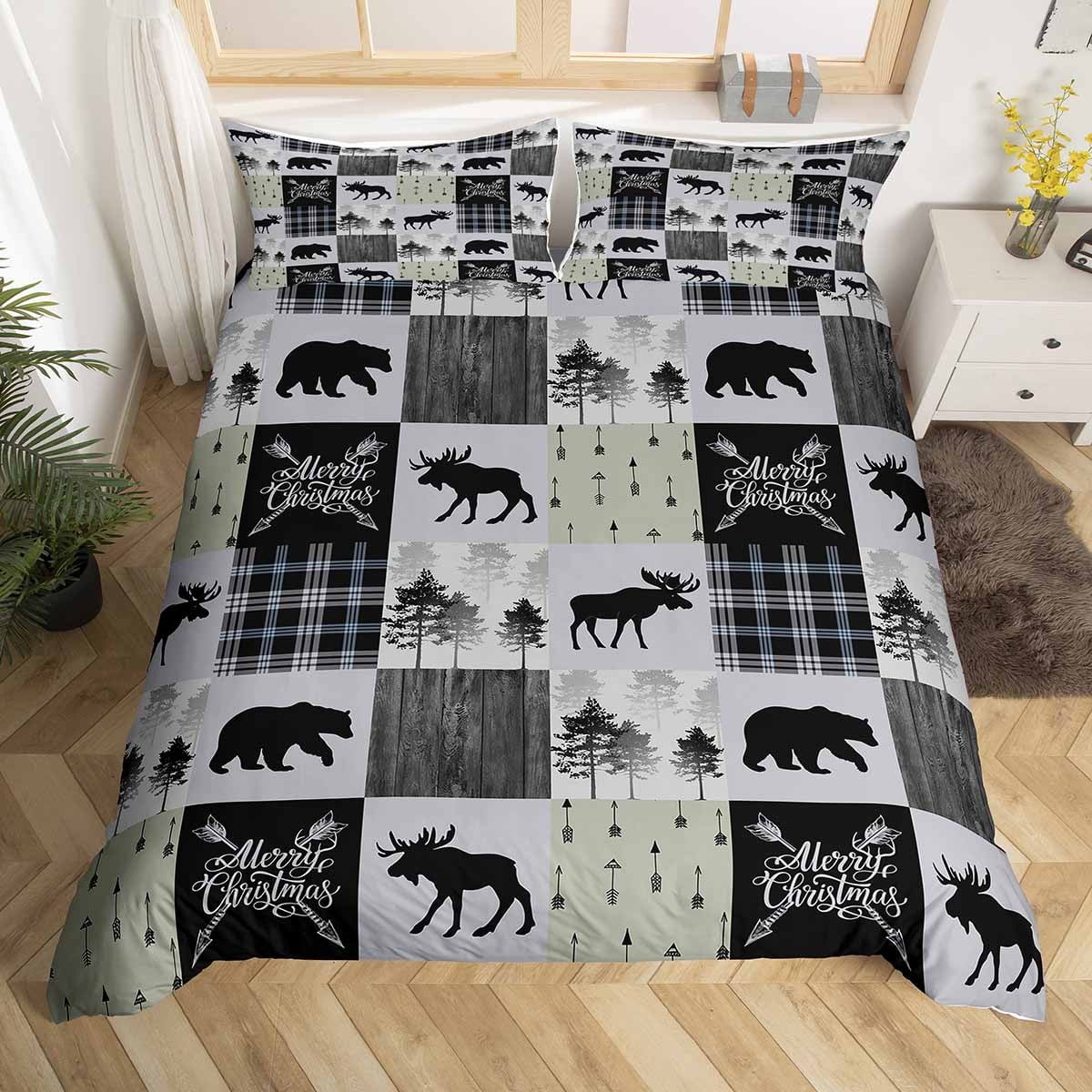 YST Hunting Bear Deer Duvet Cover, Buffalo Plaid Bedding Set Queen Size Rustic Cabin Patchwork ...