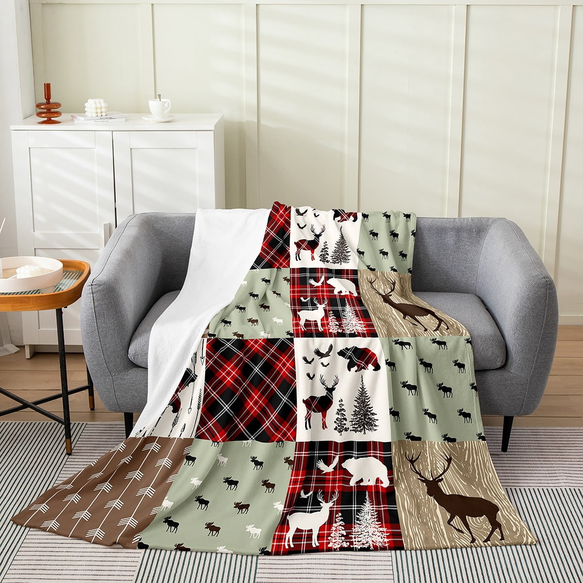 Hunting Bear Deer Flannel Blanket,Red Buffalo Plaid Fleece Blanket Twin ...