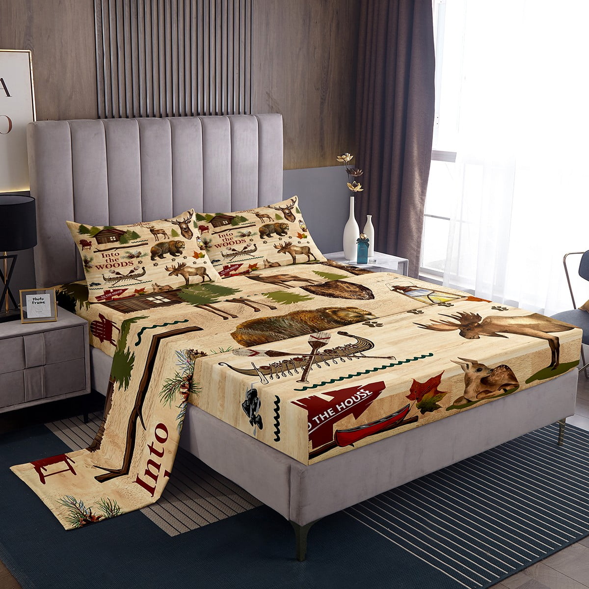 Erosebridal Hunting Deer Bed Sheets Twin, Retro Cabin Fitted Sheet ...