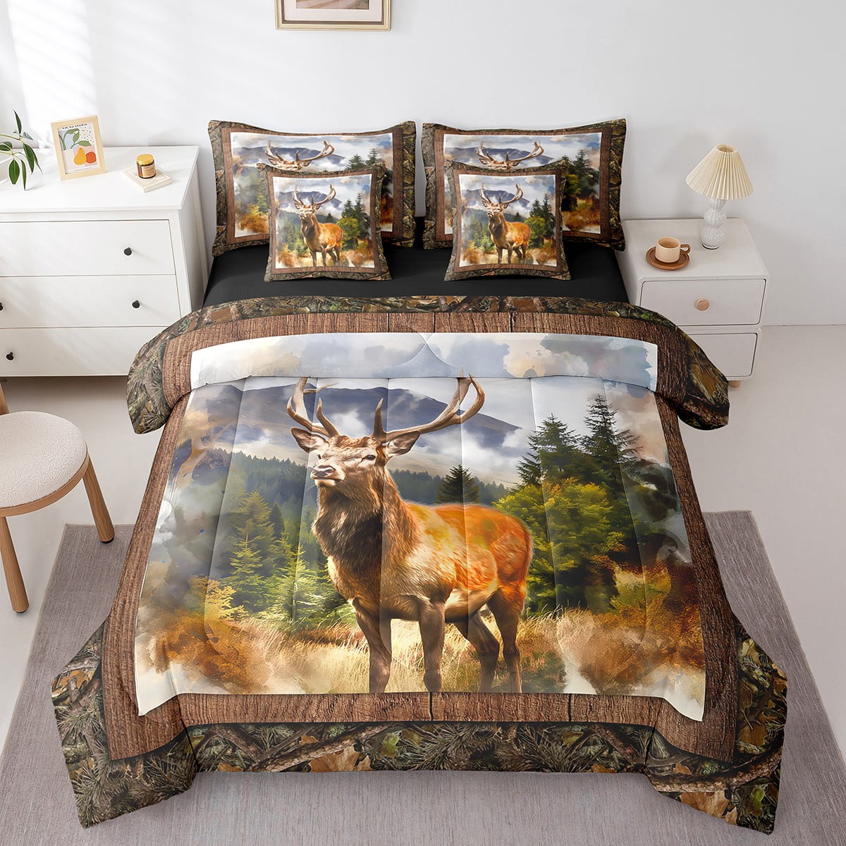 YST Hunting Deer Bedding Comforter Sets 7pcs Woodland Animal Bed in a ...