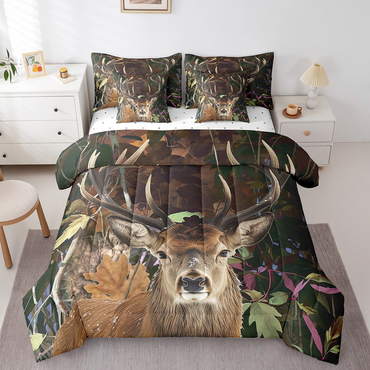 YST Hunting Deer Bedding Set King 7 Piece,Tree Leaves Camo Comforter Set With Sheet Set ...