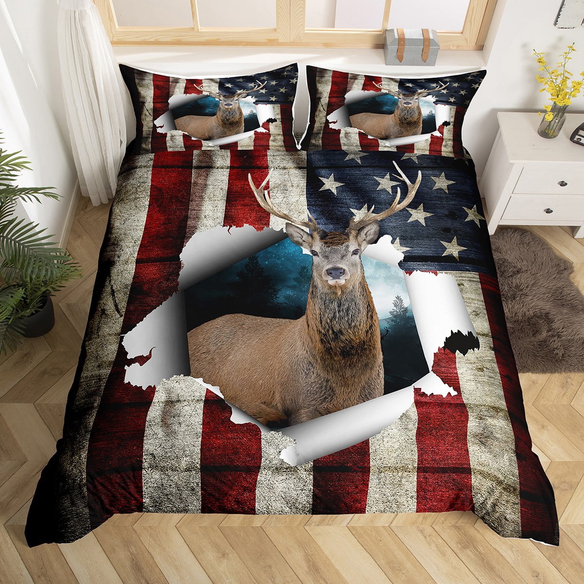 YST Hunting Deer Duvet Cover,Rust American Flag Bedding Set for Kids ...