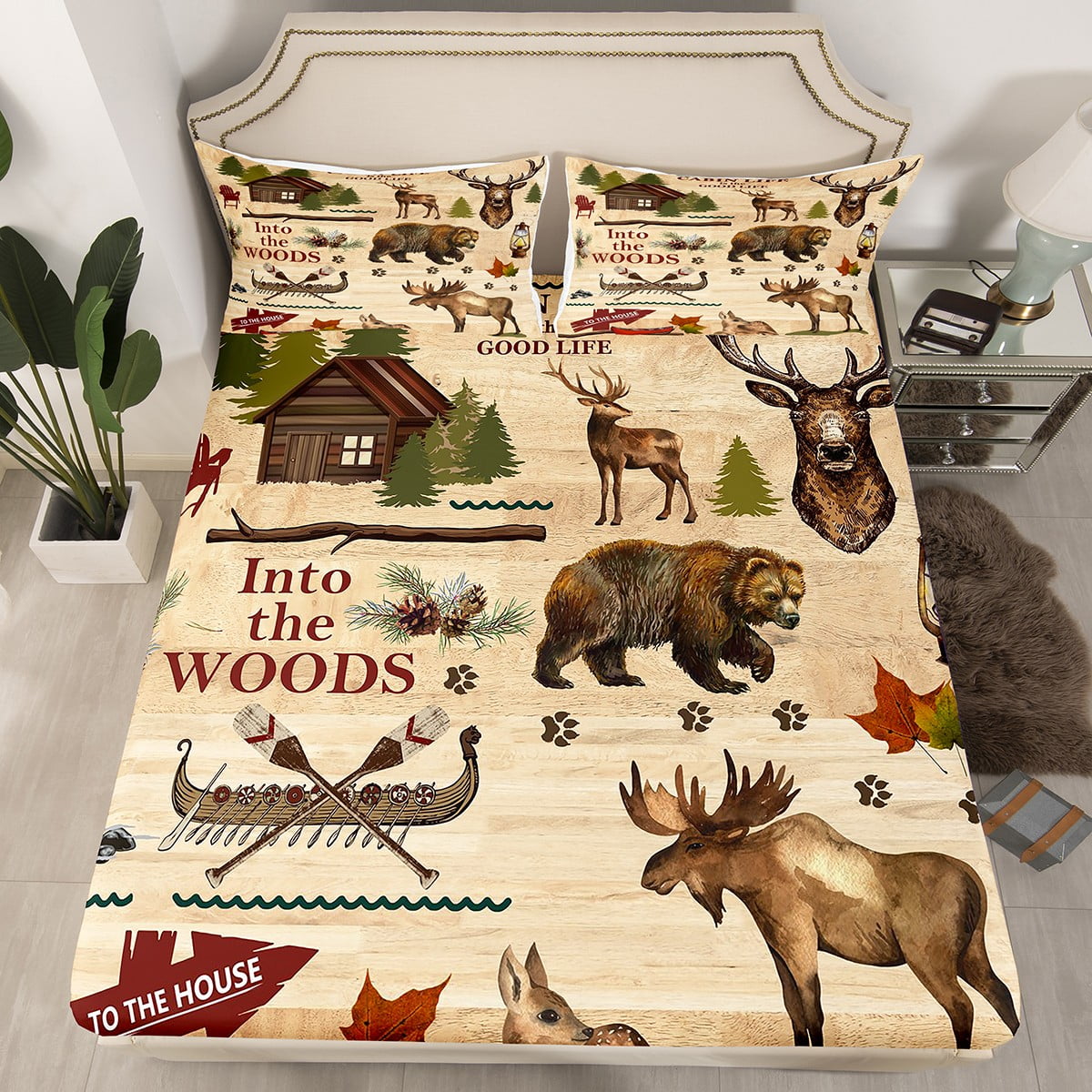 Erosebridal Hunting Deer Fitted Sheet Full, Retro Cabin Bedding Set ...