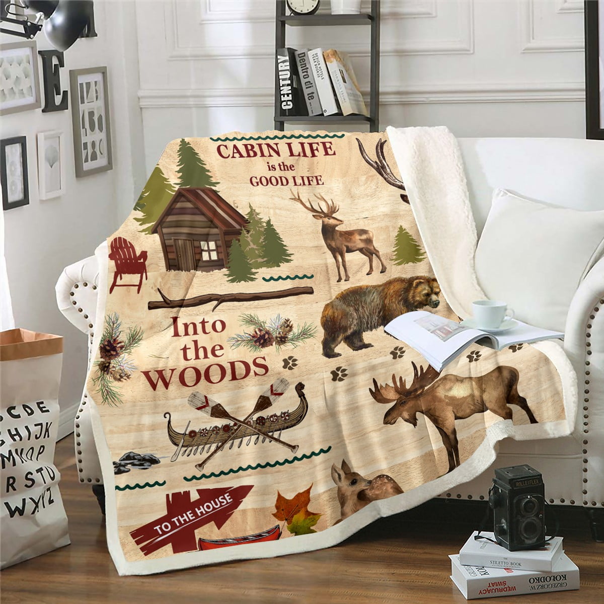 YST Hunting Deer Throw Blanket Twin Size, Retro Cabin Sherpa Blanket ...