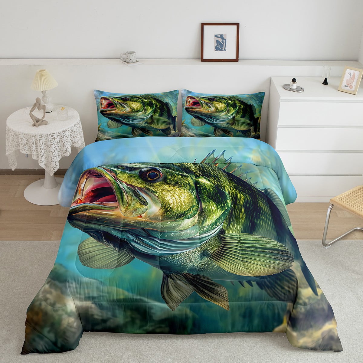 YST Hunting and Fishing Theme King Comforter Set Pike Bass Fish Bedding ...
