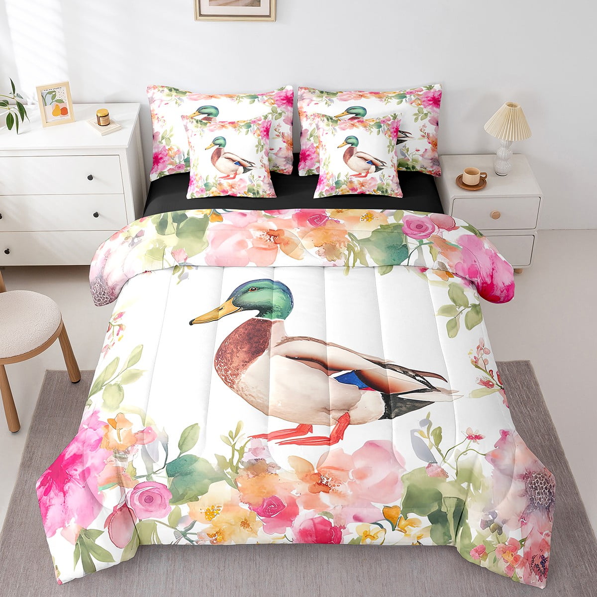 YST Hunting Mallard Duck Bedding Twin Size 7pcs Chic Floral Comforter Set, Farm Animal Wildlife ...