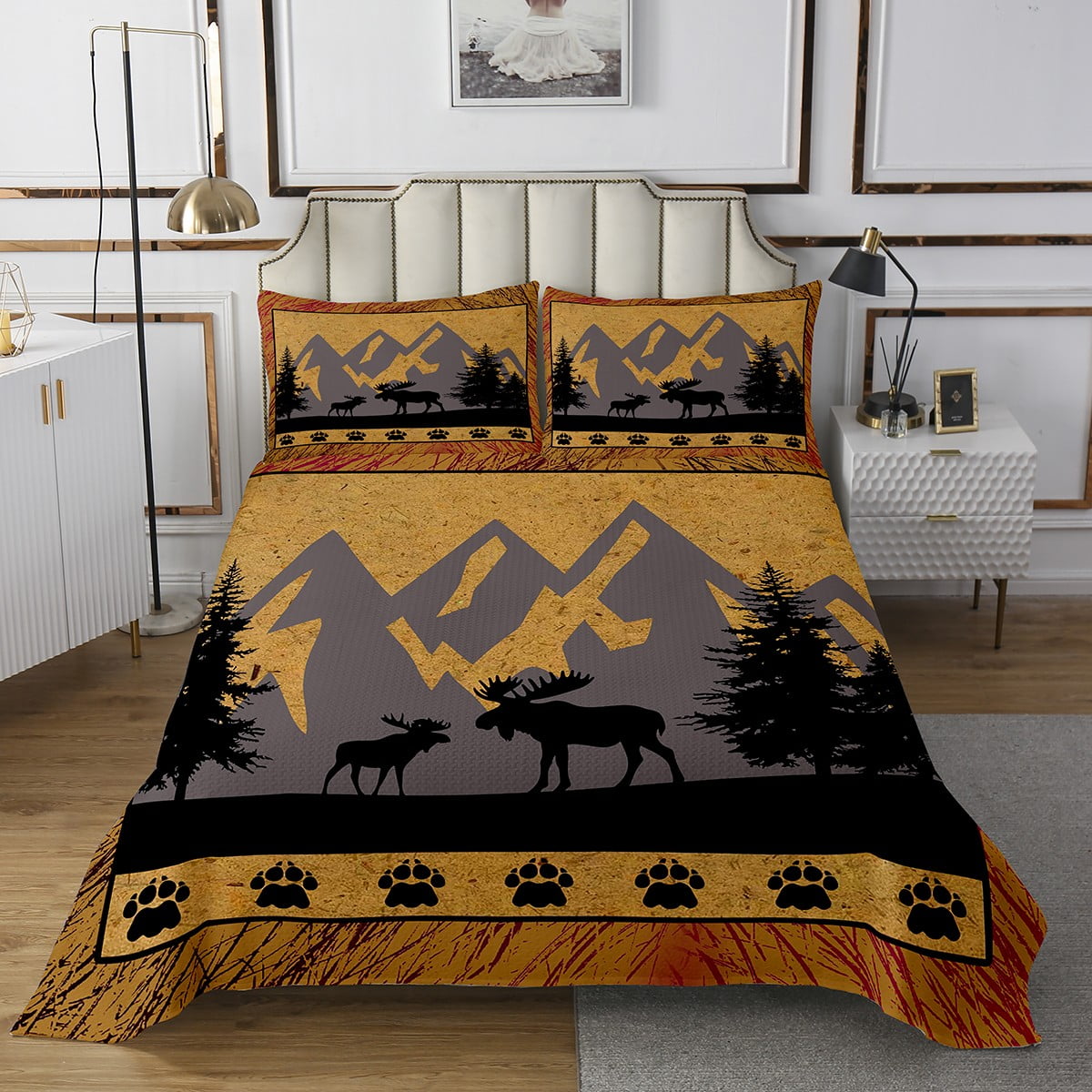 Hunting Moose Quilt Set,Wildlife Deer Bedspread Set King Size Rustic ...
