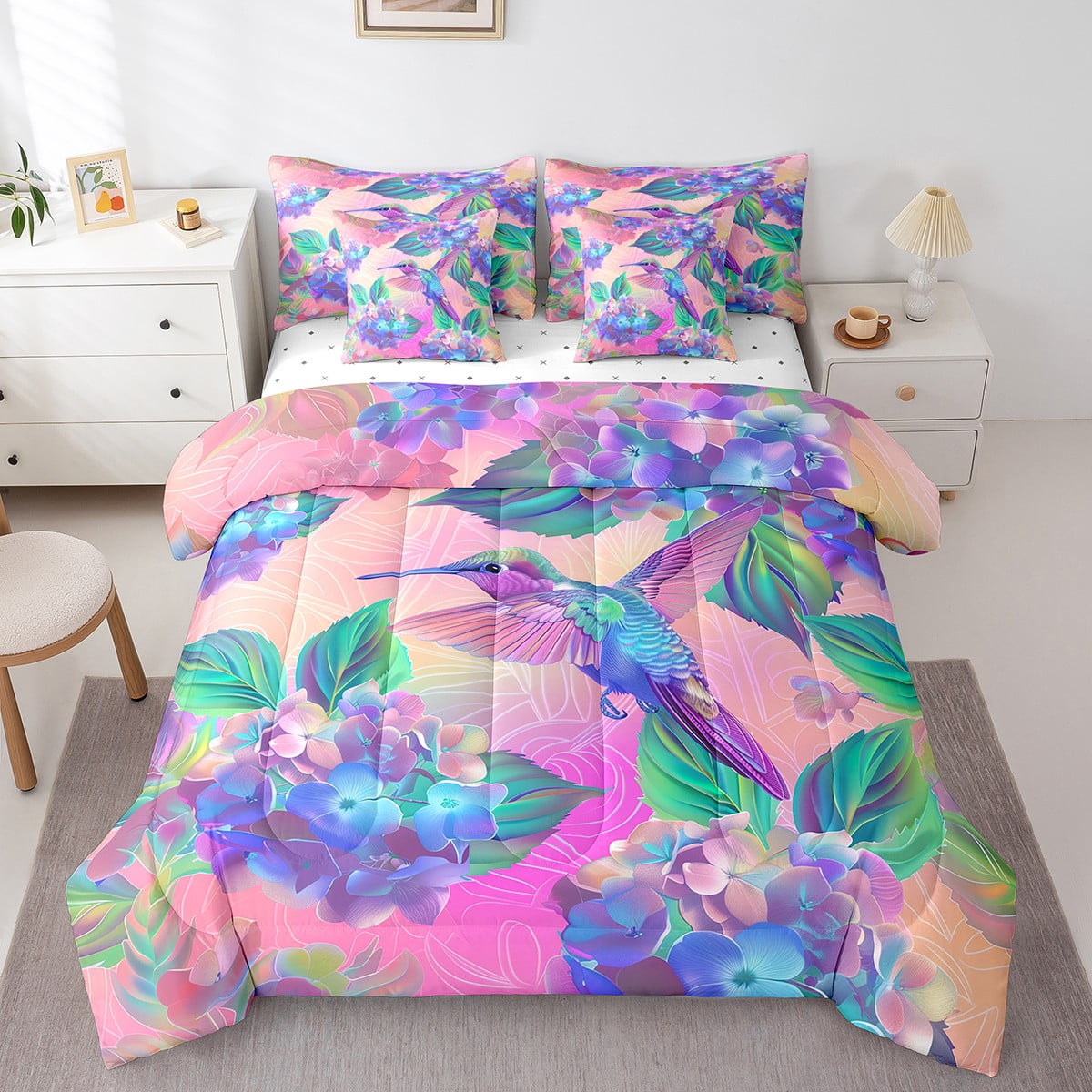 Hydrangea Sheet Set with Comforter Pink Purple Floral Bed In A Bag 7 ...