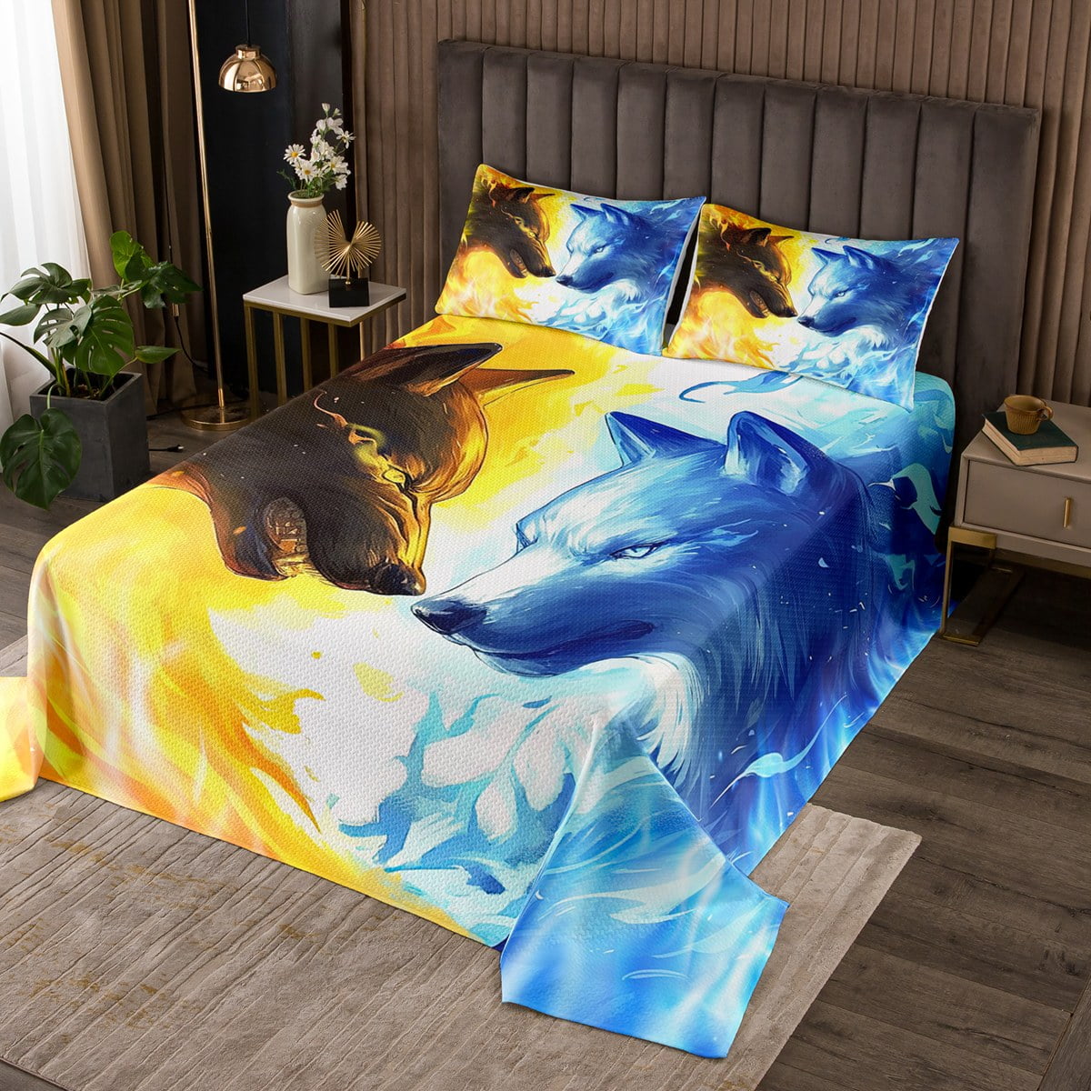 Erosebridal Ice Fire Wolf Bedspread Queen,Safari Quilt Set Wolf Decor ...