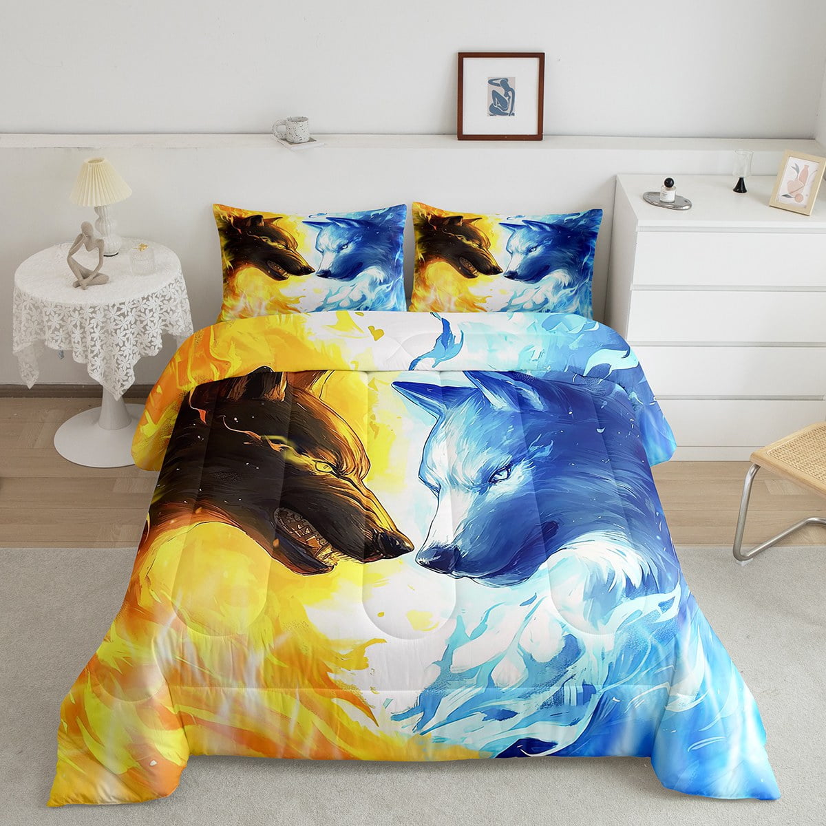 Ice Fire Wolf Comforter Set Queen ,Safari Bedding Set Wolf Decor for ...