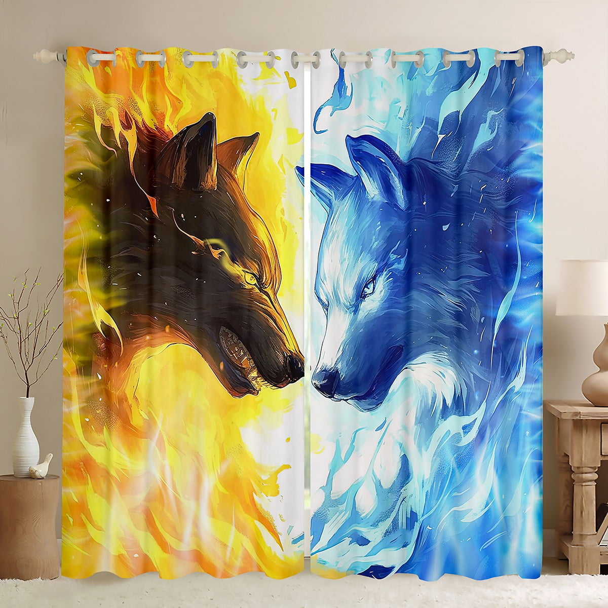 Erosebridal Ice Fire Wolf Curtains,Safari Curtains Blackout for Bedroom ...