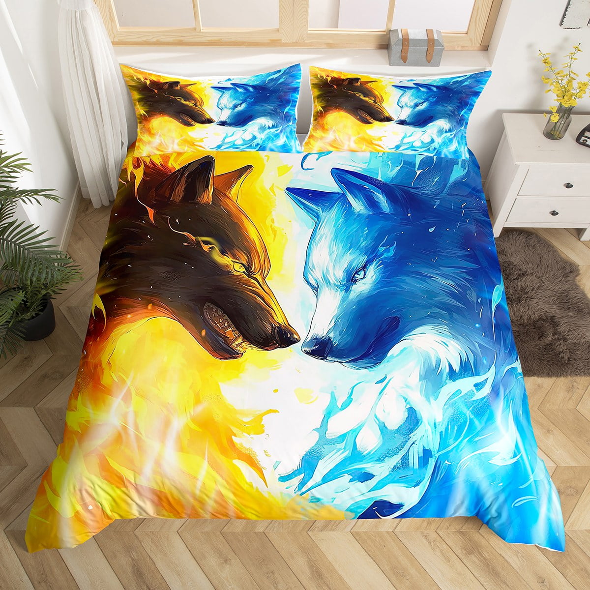 YST Ice Fire Wolf Duvet Cover Queen for Girls Boys Kids,Safari Bedding ...