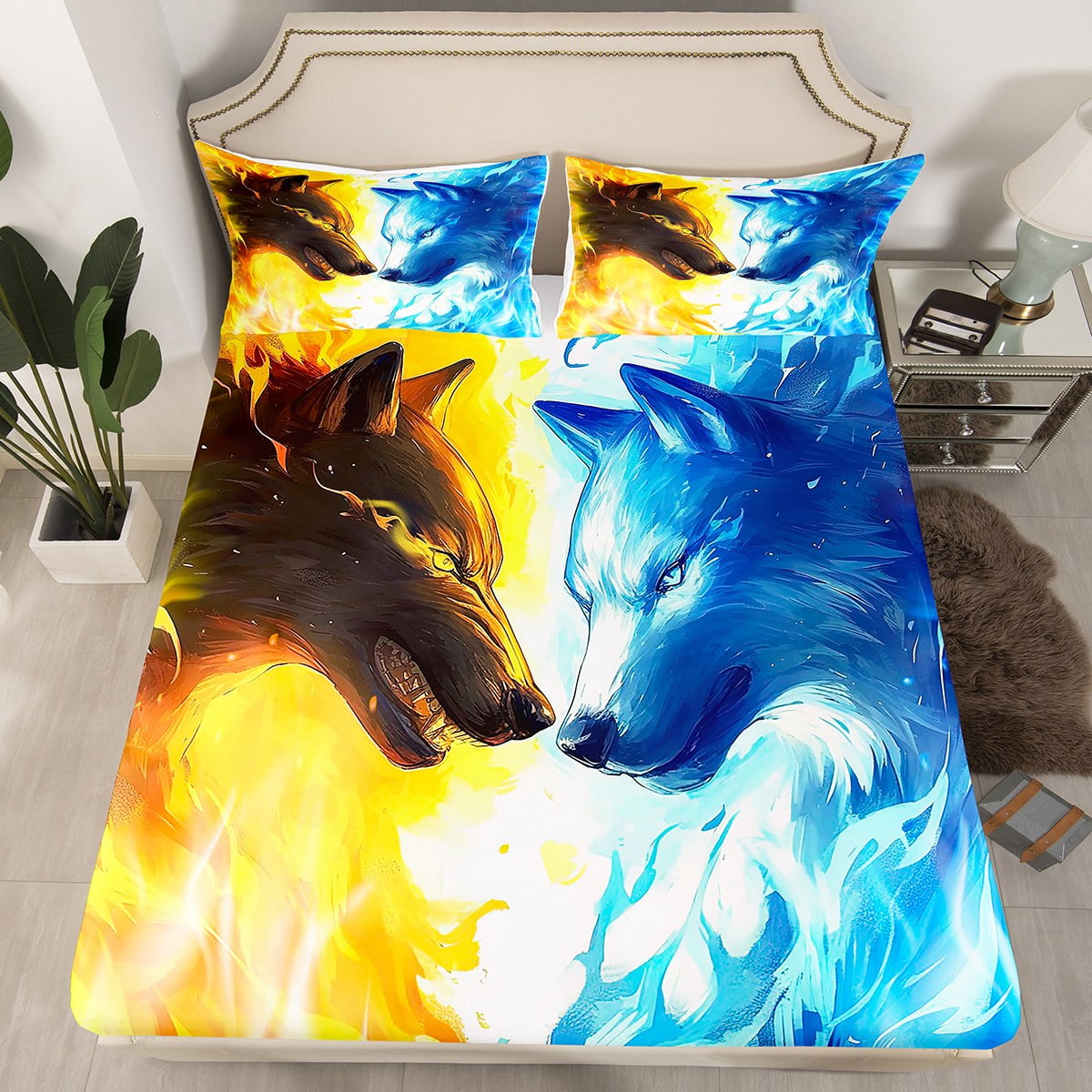 Erosebridal Ice Fire Wolf Fitted Sheet Queen,Safari Bedding Set Wolf ...
