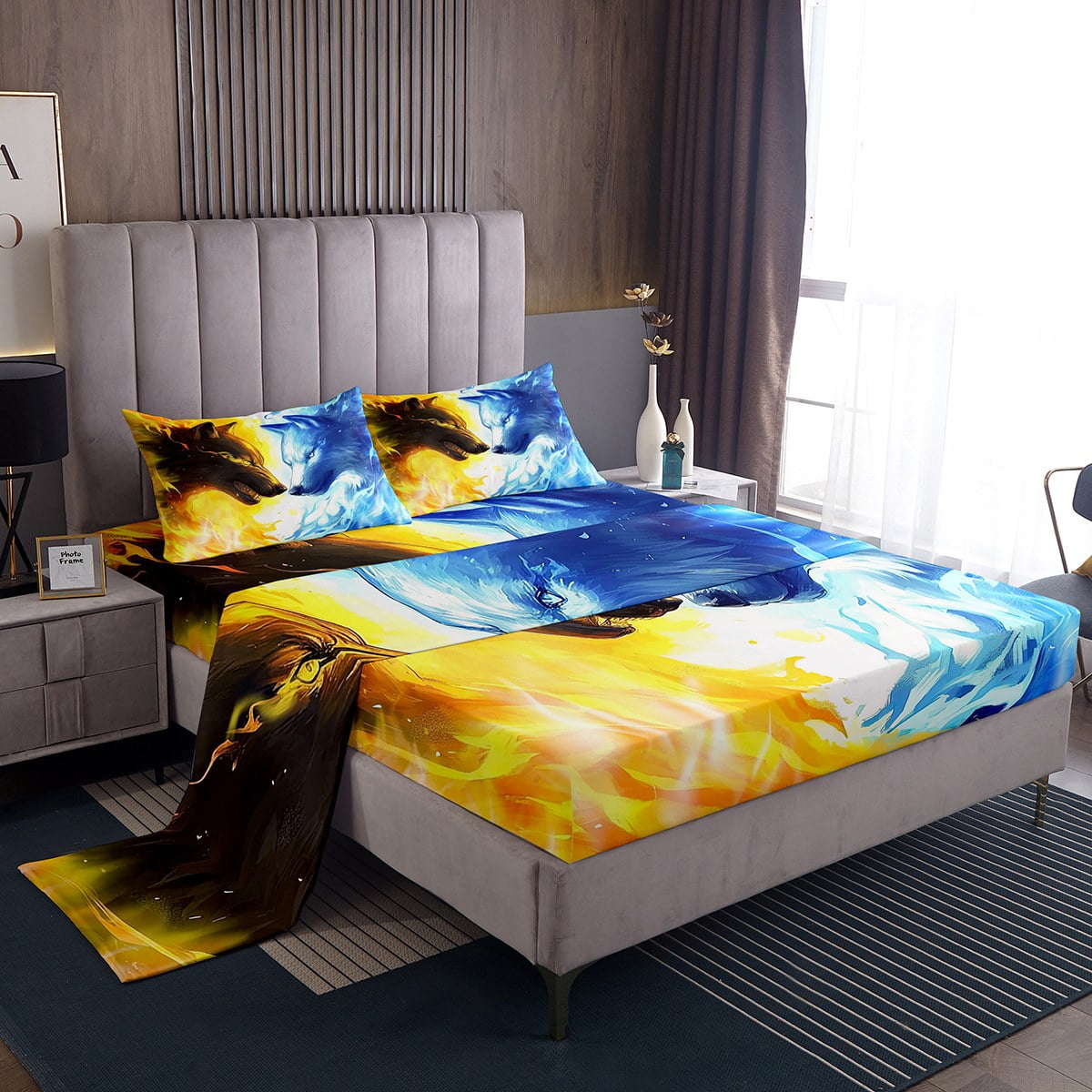 Erosebridal Ice Fire Wolf Sheets Queen,Safari Sheet Set Wolf Decor for ...