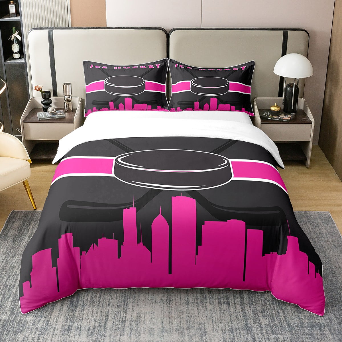 YST Ice Hockey 100% Cotton Duvet Cover King for Girls Hockey Bedding ...