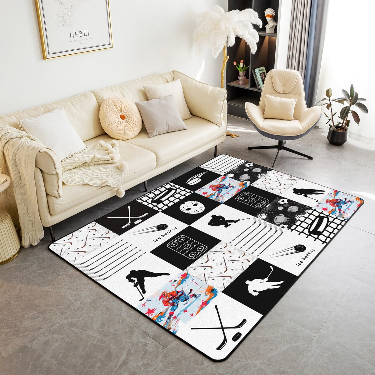 YST Ice Hockey Area Rug,Geometric Check Patchwork Stylish Carpet 5x7 ...