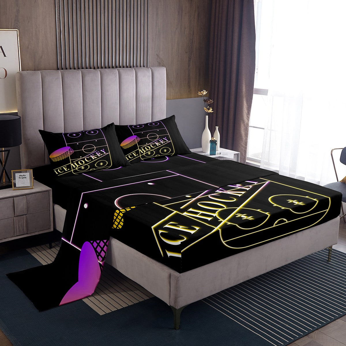 Ice Hockey Bed Set Sports Bed Sheets Set Room, Girly Purple Yellow Neon ...