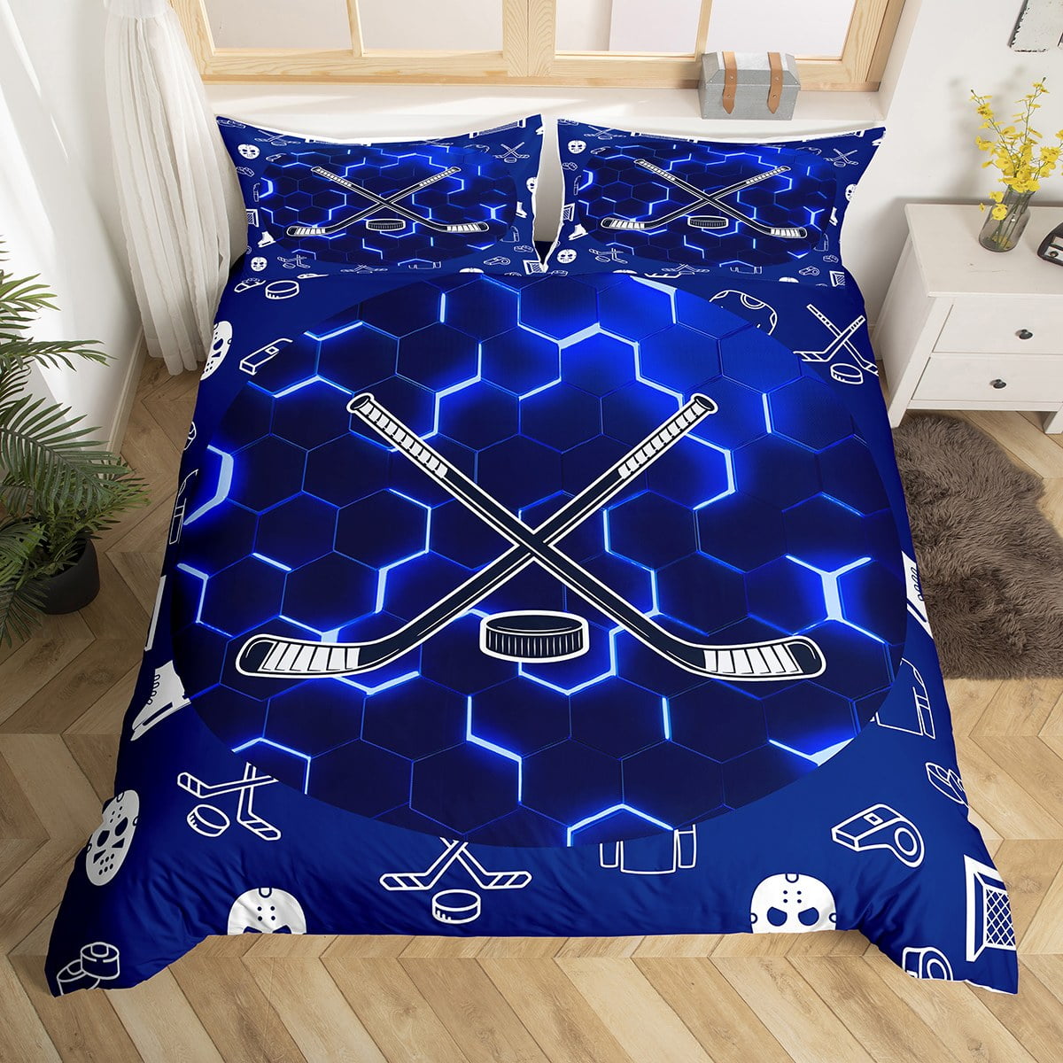YST Ice Hockey Bedding Set Queen Blue Neon Honeycomb Hockey Comforter ...