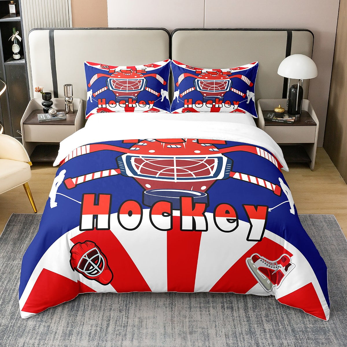 Erosebridal Ice Hockey 100% Cotton Duvet Cover Queen Red Blue Sports ...