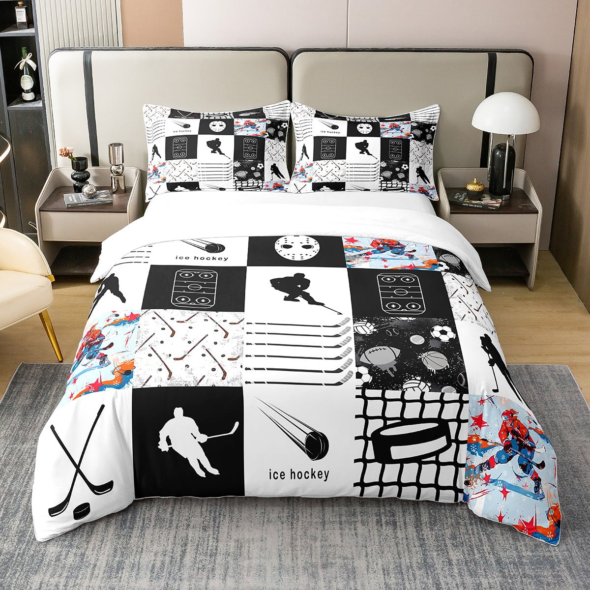 Ice Hockey Duvet Cover,100% Cotton Geometric Check Patchwork Stylish ...