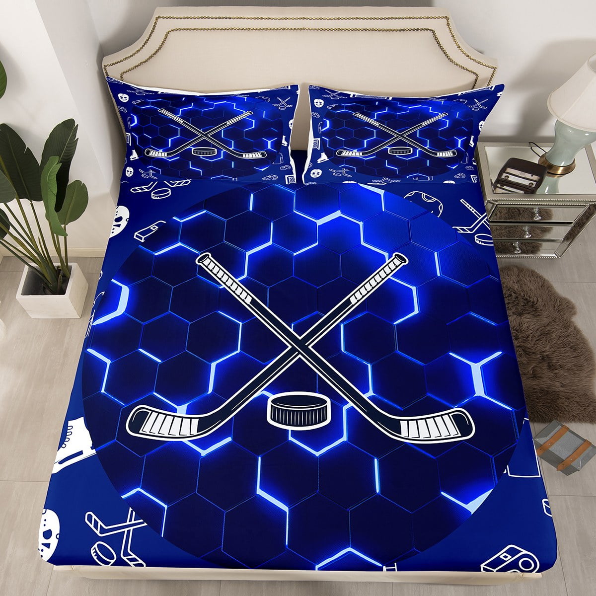 Erosebridal Ice Hockey Fitted Sheet Twin Blue Neon Honeycomb Hockey Bed ...
