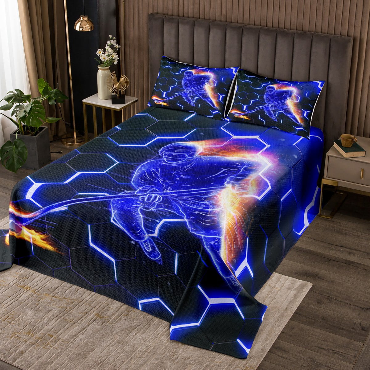 Ice Hockey King Quilt Set Neon Blue 3D Honeycomb Bedspread Set,Pucks ...