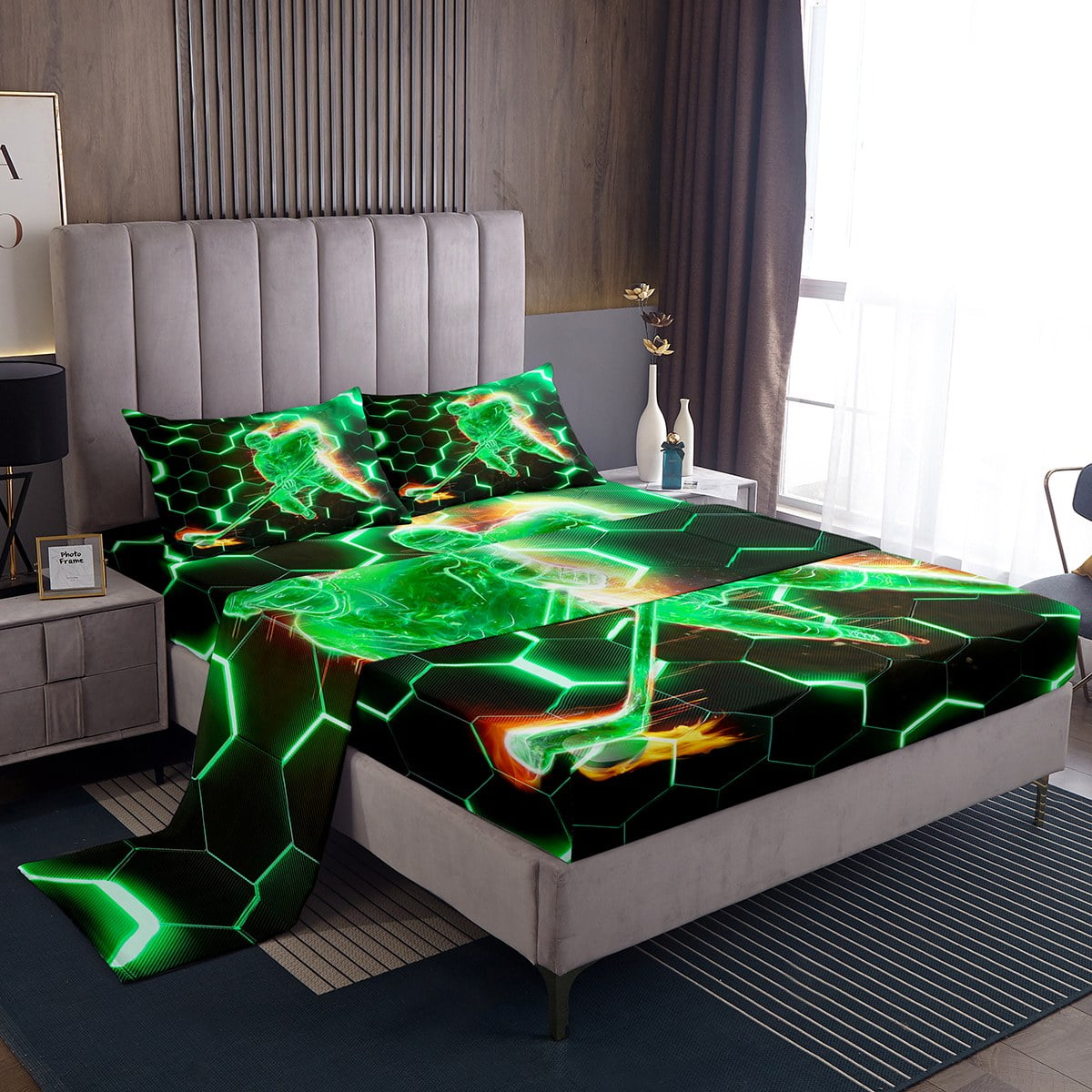 Erosebridal Ice Hockey Twin Bed Sheets Neon Green 3D Honeycomb Sheet ...