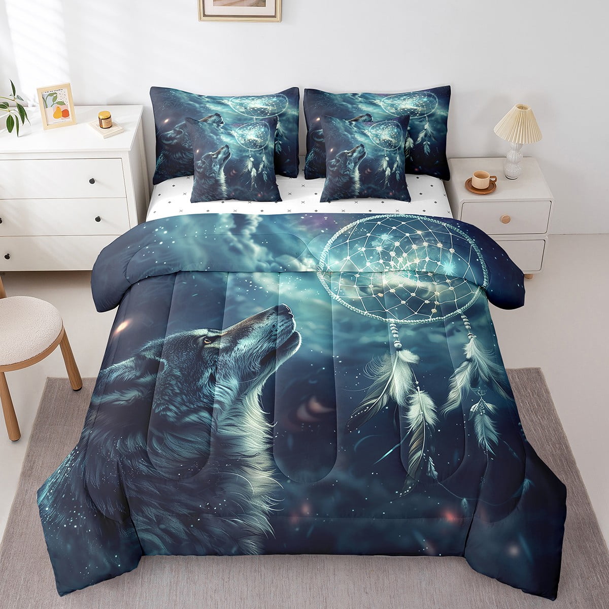 Indian Wolf Comforter Set Full 7 Piece Galaxy Dream Catcher Bed in a ...