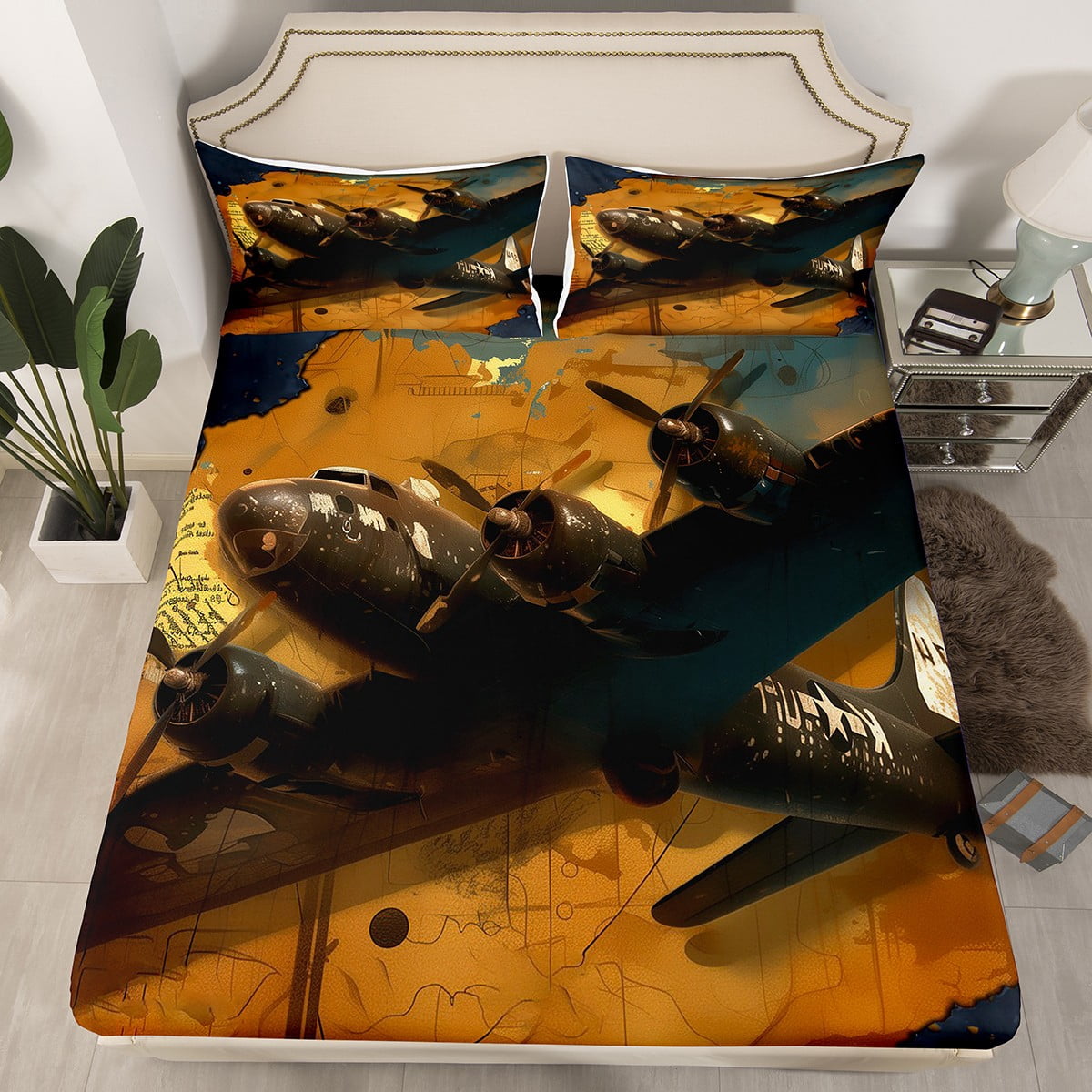 Industrial Airplane Bedding Set Queen for Teen Aircraft Aviation Map ...