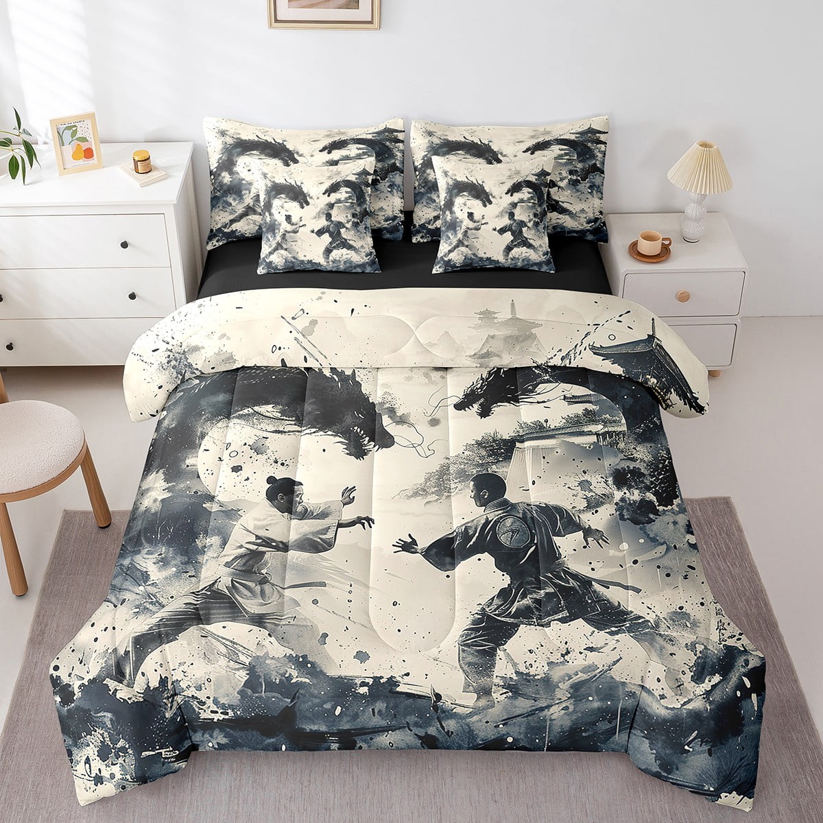 Ink Painting Dragon Bedding Set Full Japanese Samurai Comforter Set 7 ...