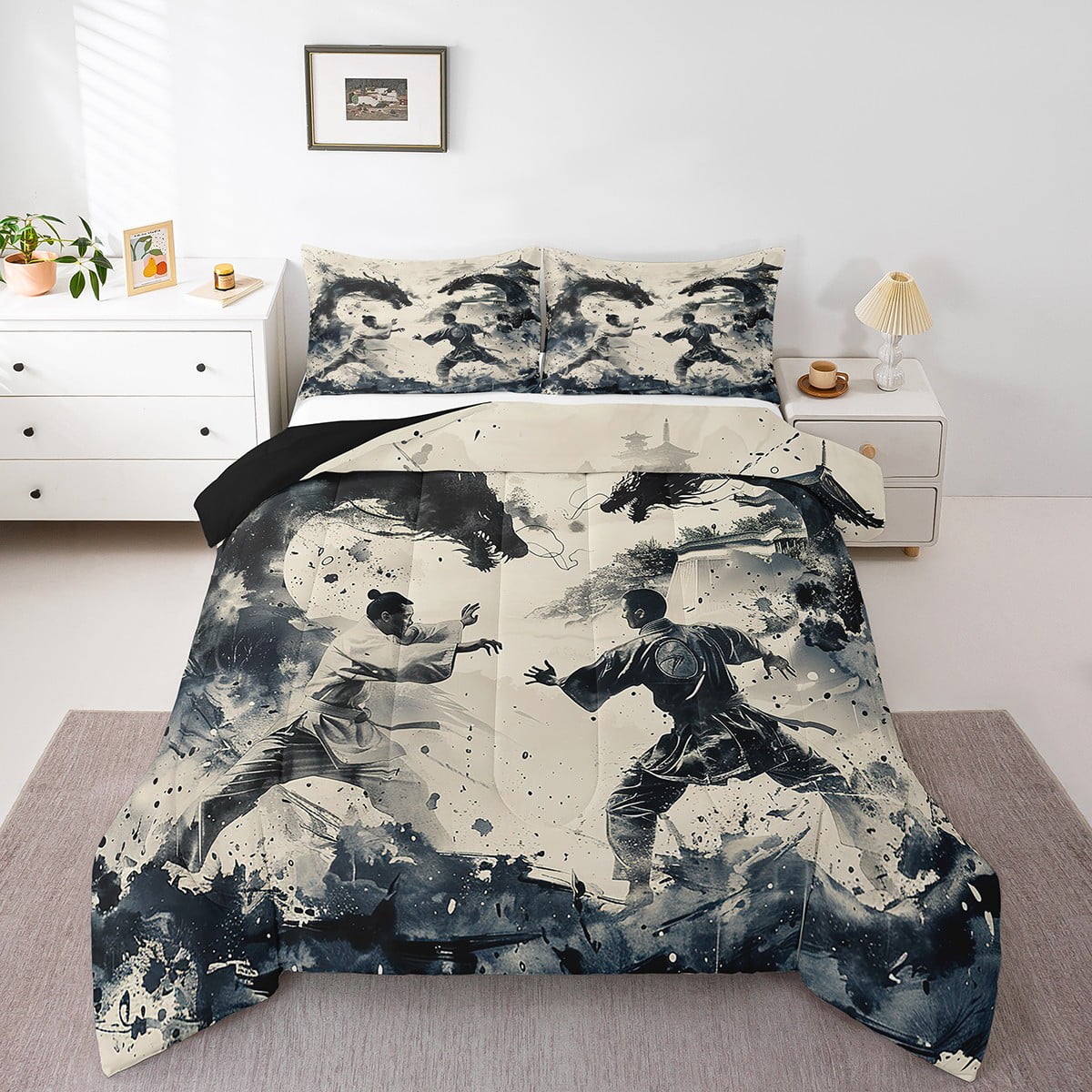 Ink Painting Dragon Bedding Set Full Japanese Samurai Comforter Set ...