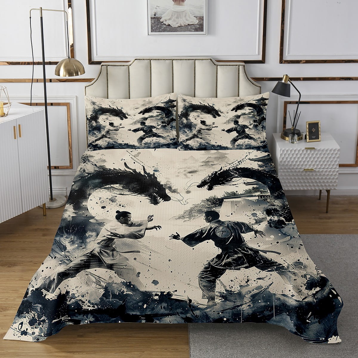 YST Ink Painting Dragon Quilt Set King Japanese Samurai Bedspread Set ...