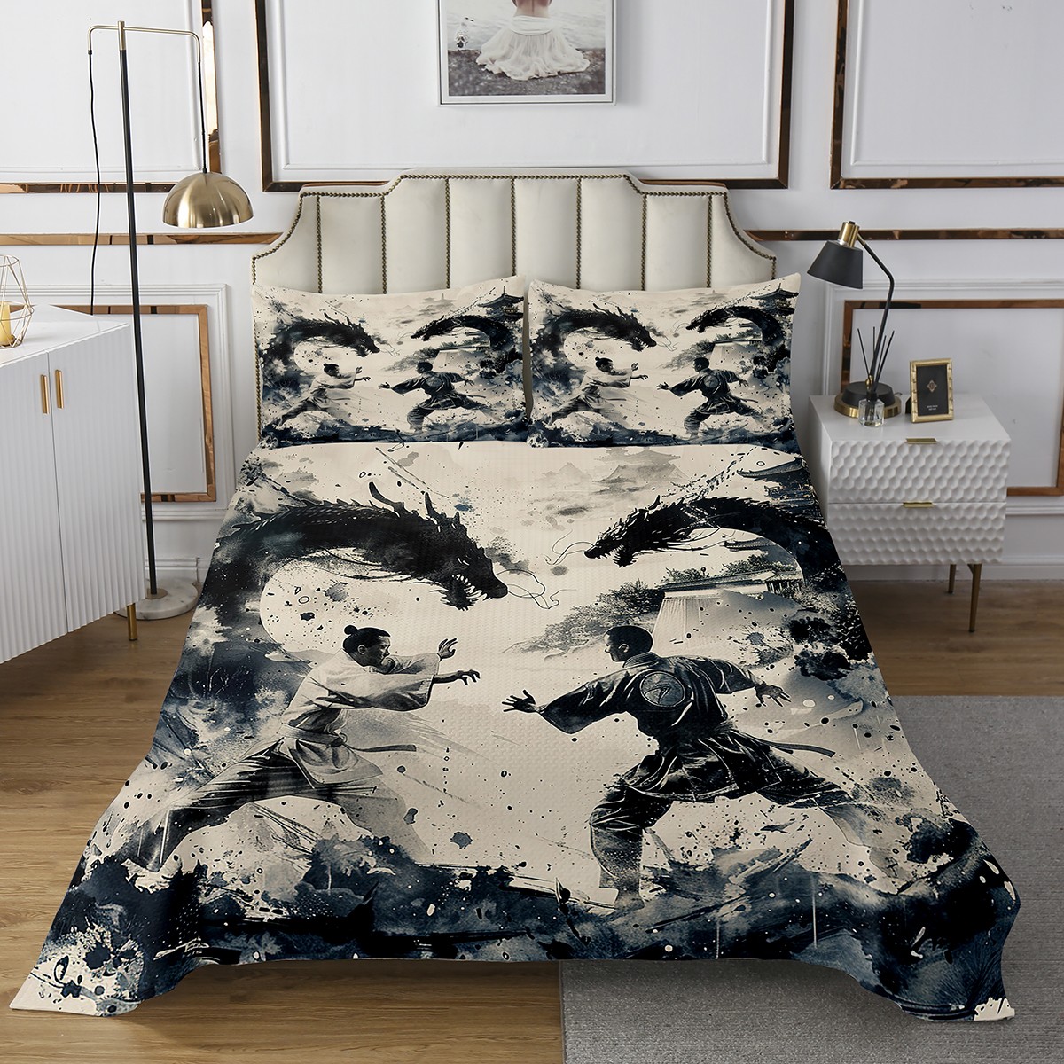 Ink Painting Dragon Quilt Set Twin Japanese Samurai Bedspread Set Teen ...